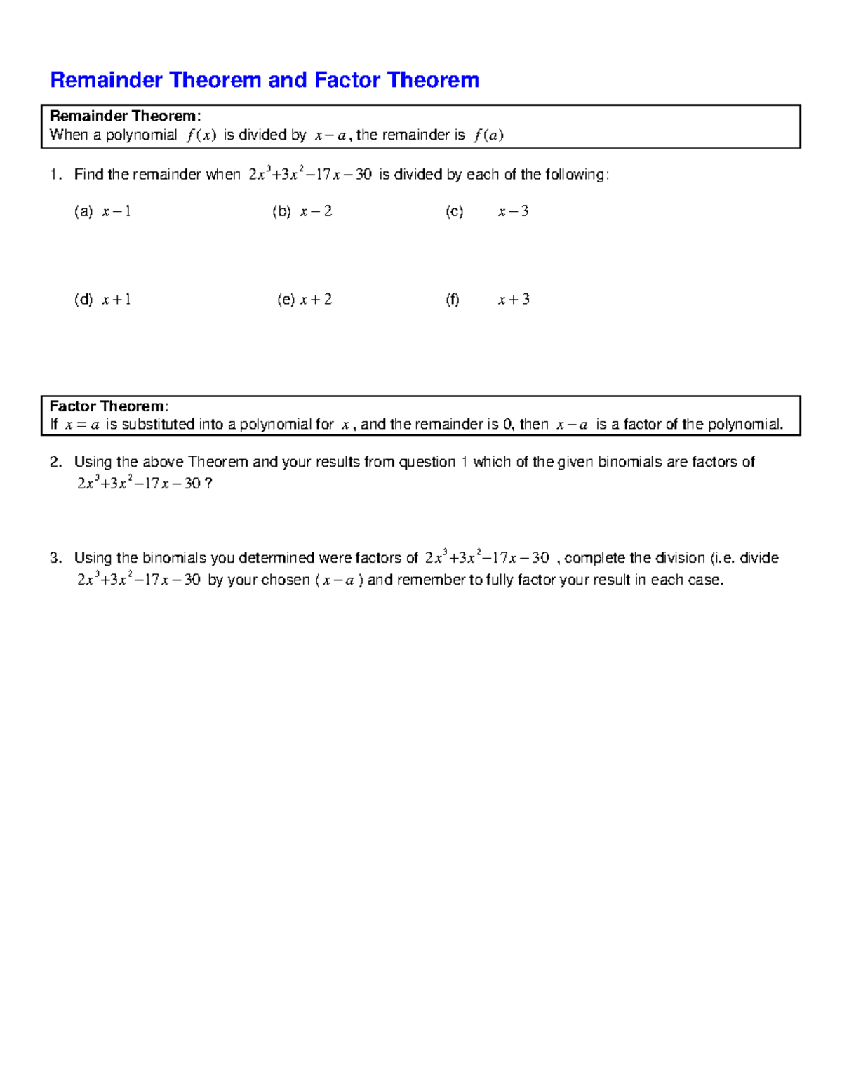 Practicee 1factor Remainder Th - Remainder Theorem and Factor Theorem ...