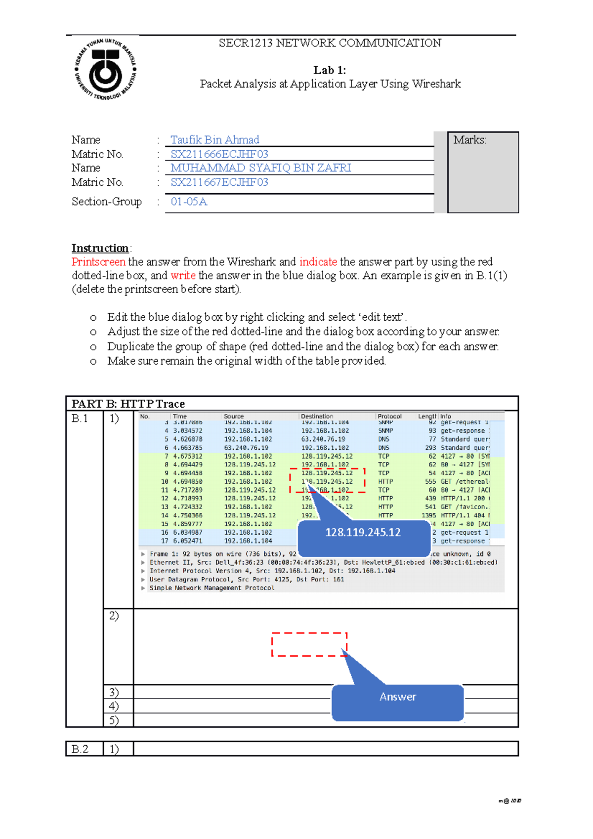 Lab1 Answers Sheet - jhbi - SECR1213 NETWORK COMMUNICATION Lab 1: Packet Analysis at Application ...