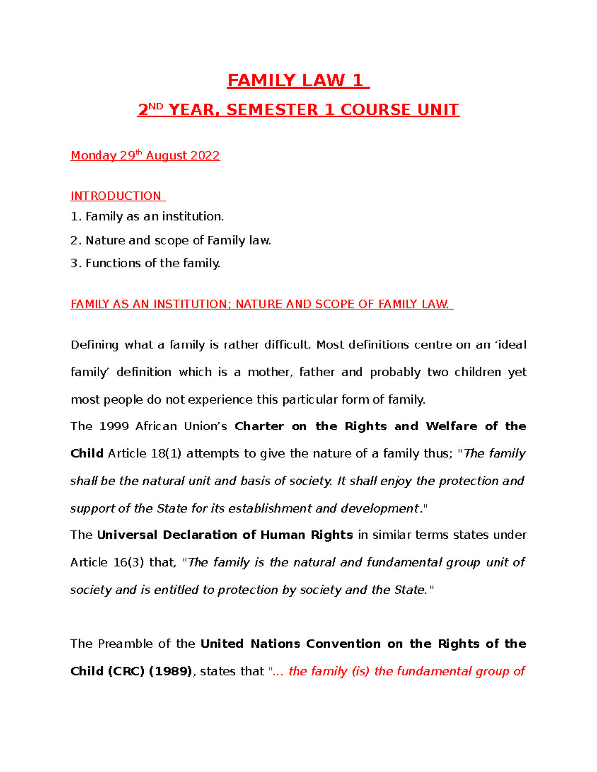 Family Law I Students notes - FAMILY LAW 1 2 ND YEAR, SEMESTER 1 COURSE ...