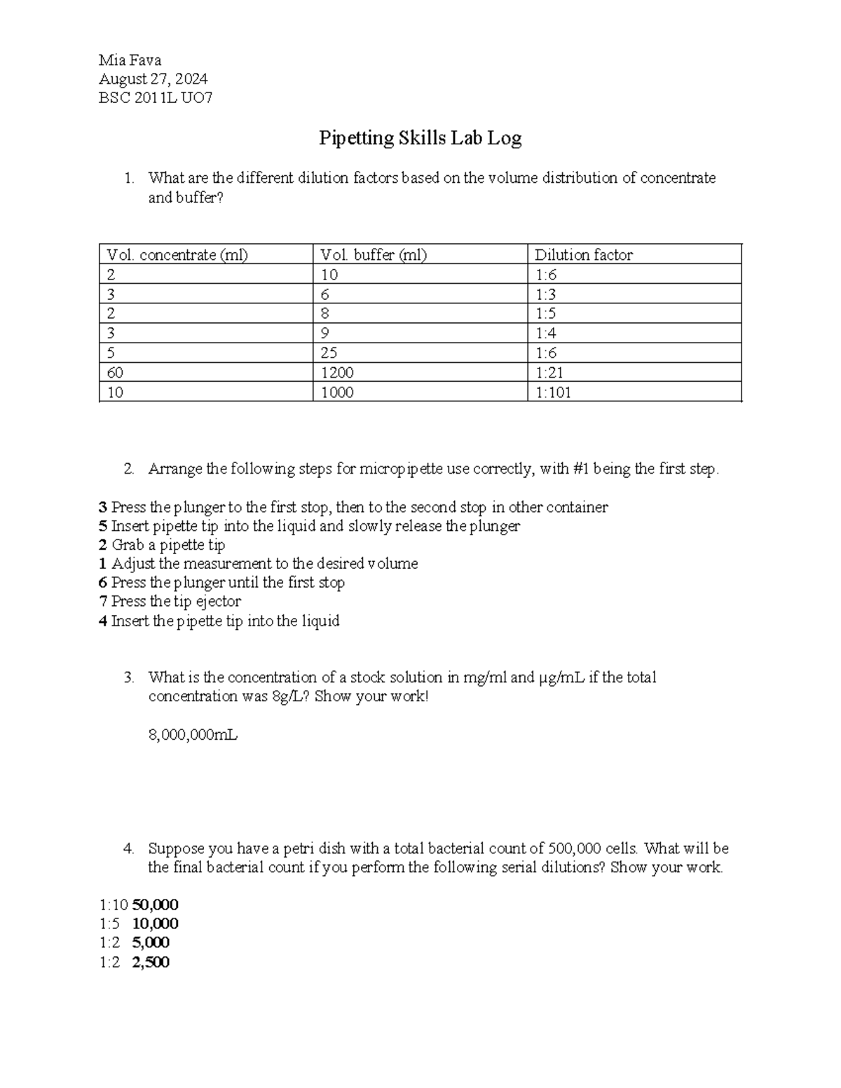 Pipetting Skills Lab Log-1 - August 27, 2024 BSC 2011L UO Pipetting ...