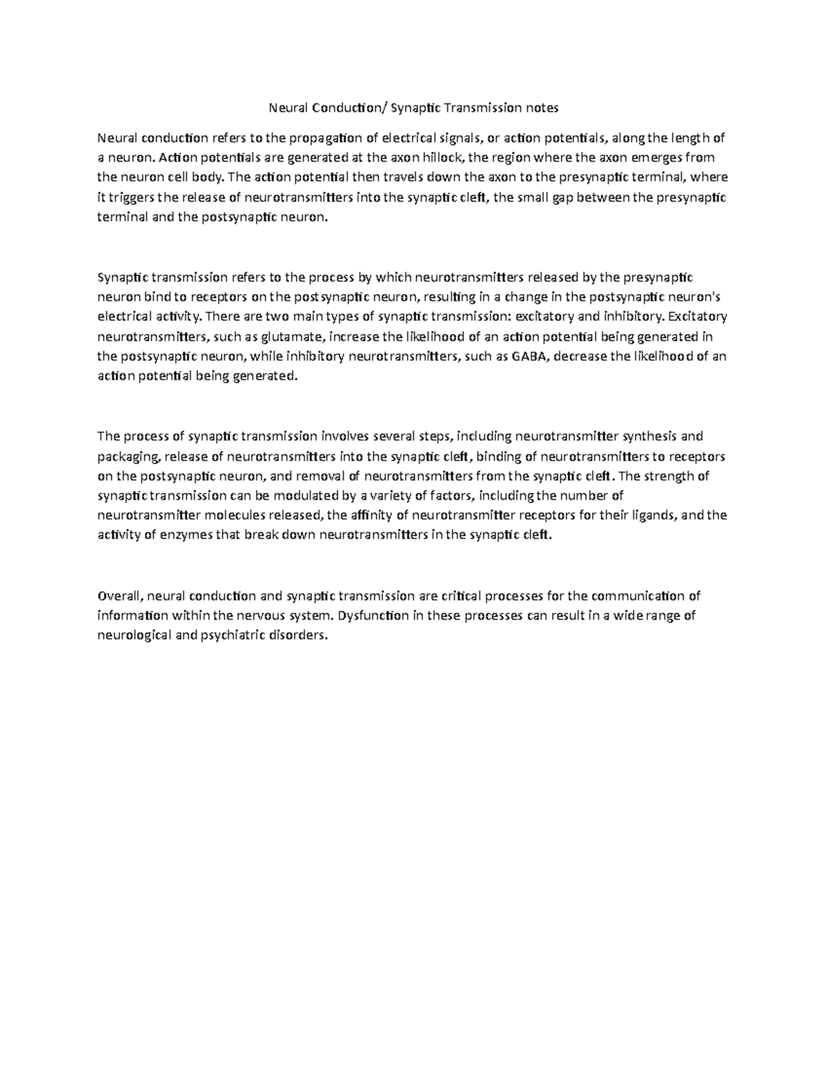 Neural Conduction Synaptic Transmission notes - Action potentials are ...