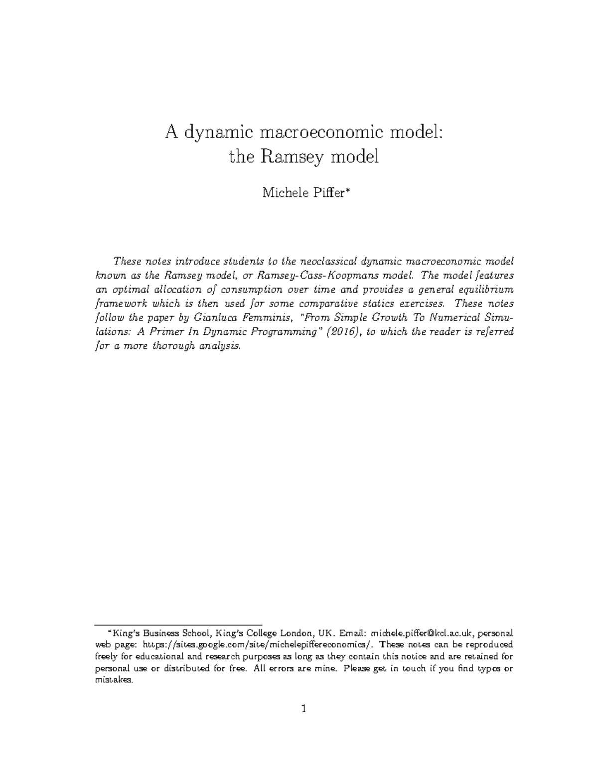 Ramsey model notes - A dynamic macroeconomic model: the Ramsey model ...