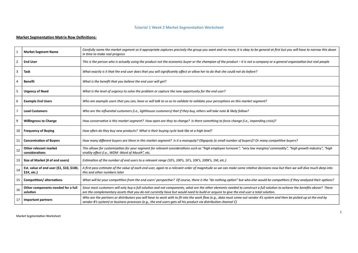 Tutorial 1 for Week 2 - Tutorial 1 Week 2 Market Segmentation Worksheet ...