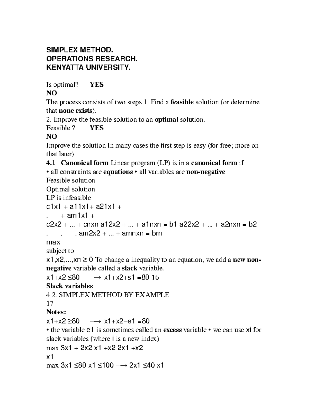 Simplex Method Lecture Notes Simplex Method Operations Research Kenyatta University Is