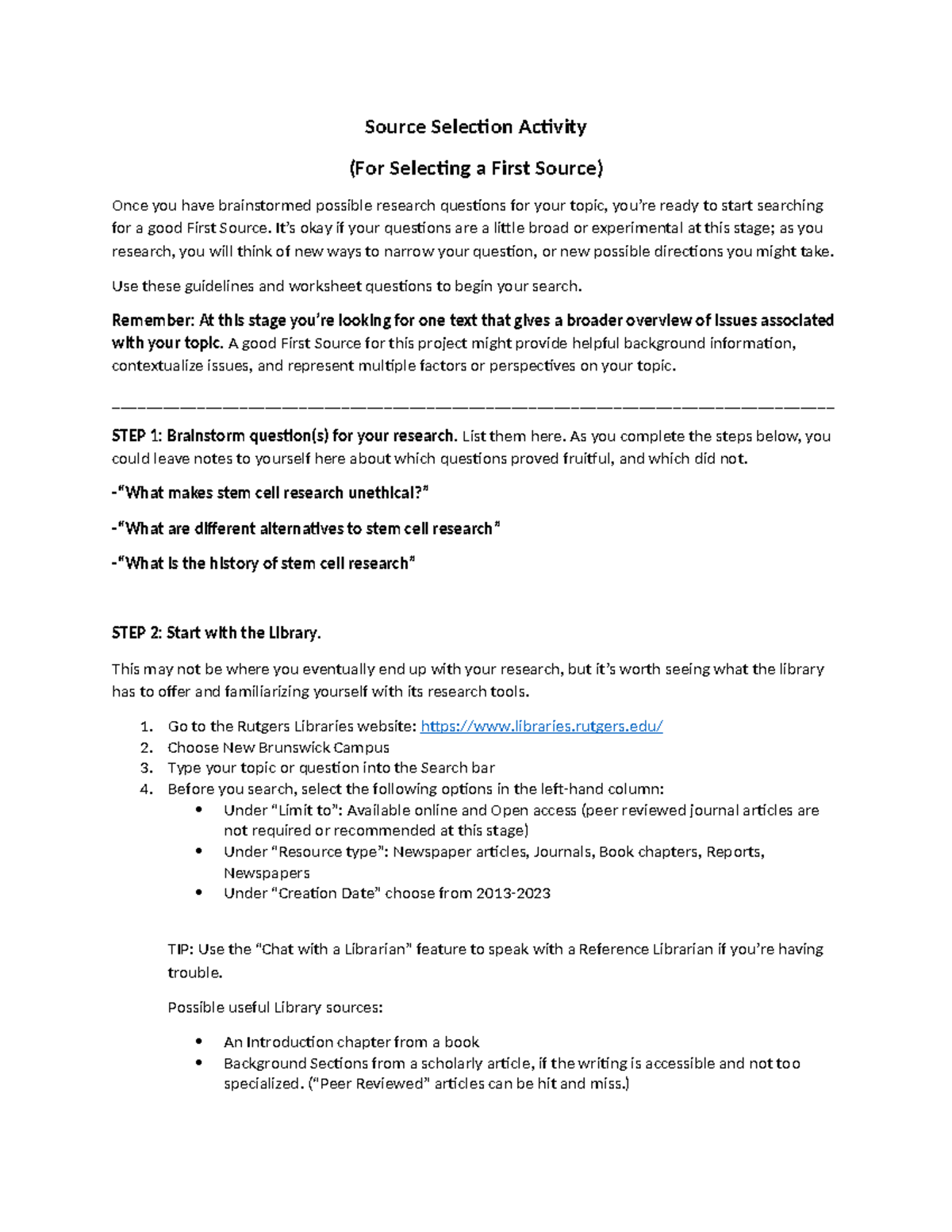 Source Selection Activity (First Source Text) - Source Selection ...