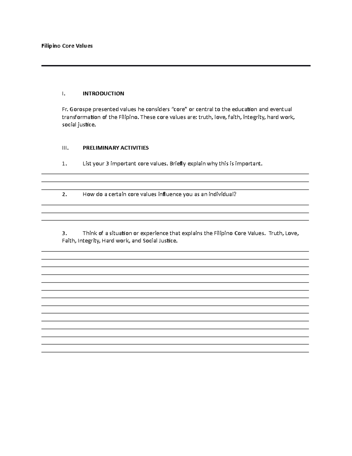 Filipino Core Values - INTRODUCTION Fr. Gorospe presented values he ...