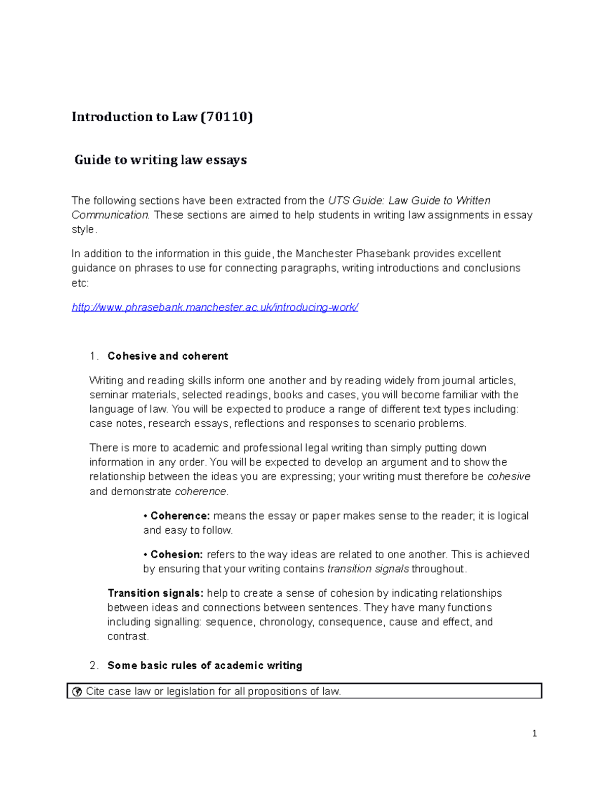Guide to writing law essays - Introduction to Law (70110) Guide to ...