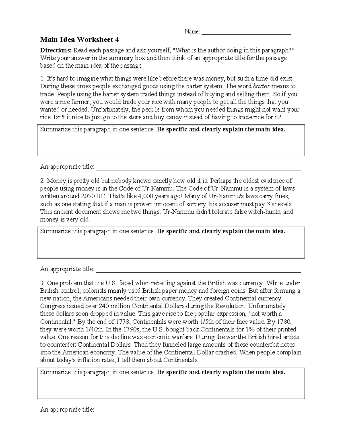 Main idea worksheet 4 - elc - Name ...