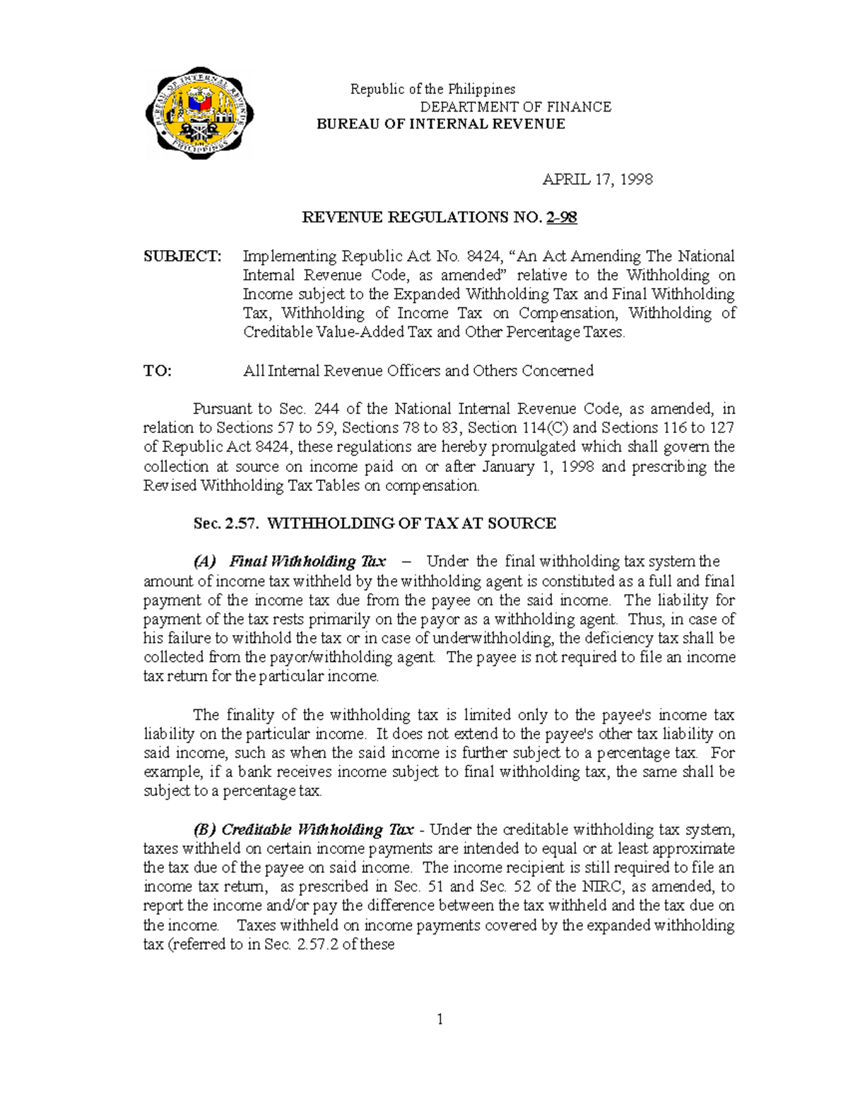 RR 2-98 (Rev. Reg.) - PRACTICE MATERIALS FOR LAW CLASSES PRACTICE ...