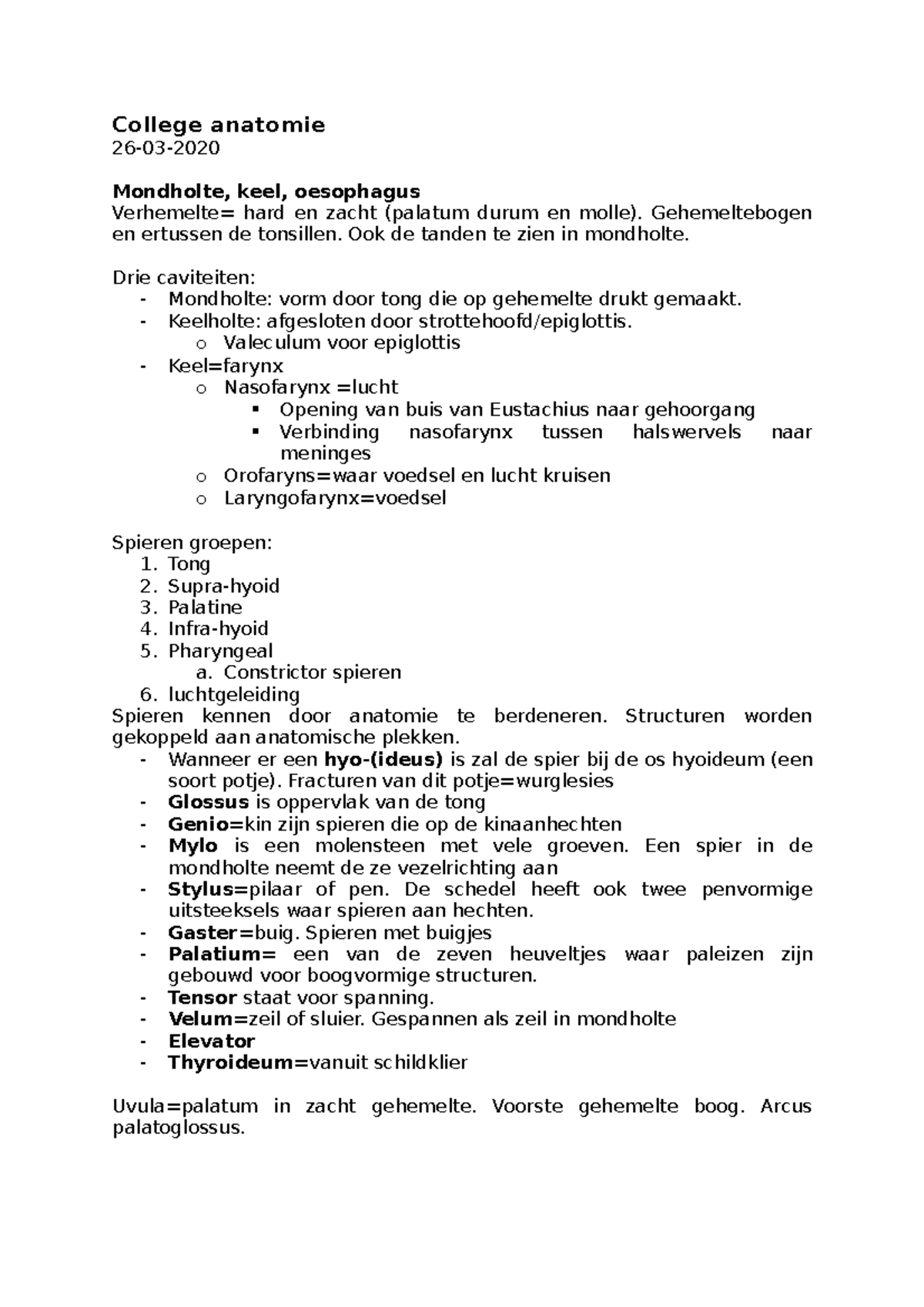 Anatomie college 1 - College anatomie 26-03- Mondholte, keel ...