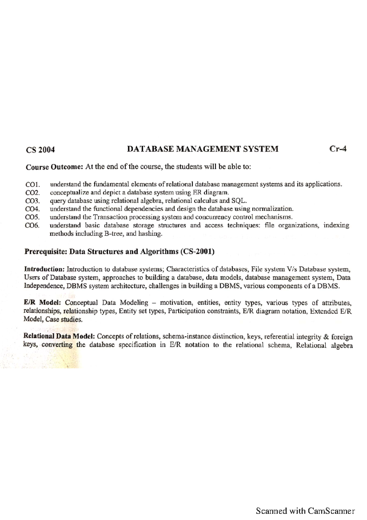 Dbms 4th Sem Course Outcome Database Management System Scanned With Camscanner Scanned With
