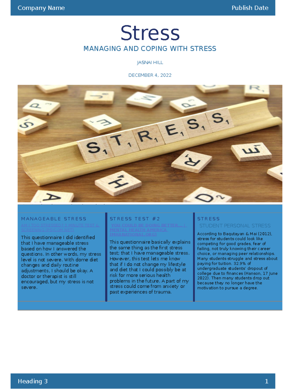 Week 3 Stress Assignment - Stress MANAGING AND COPING WITH STRESS ...
