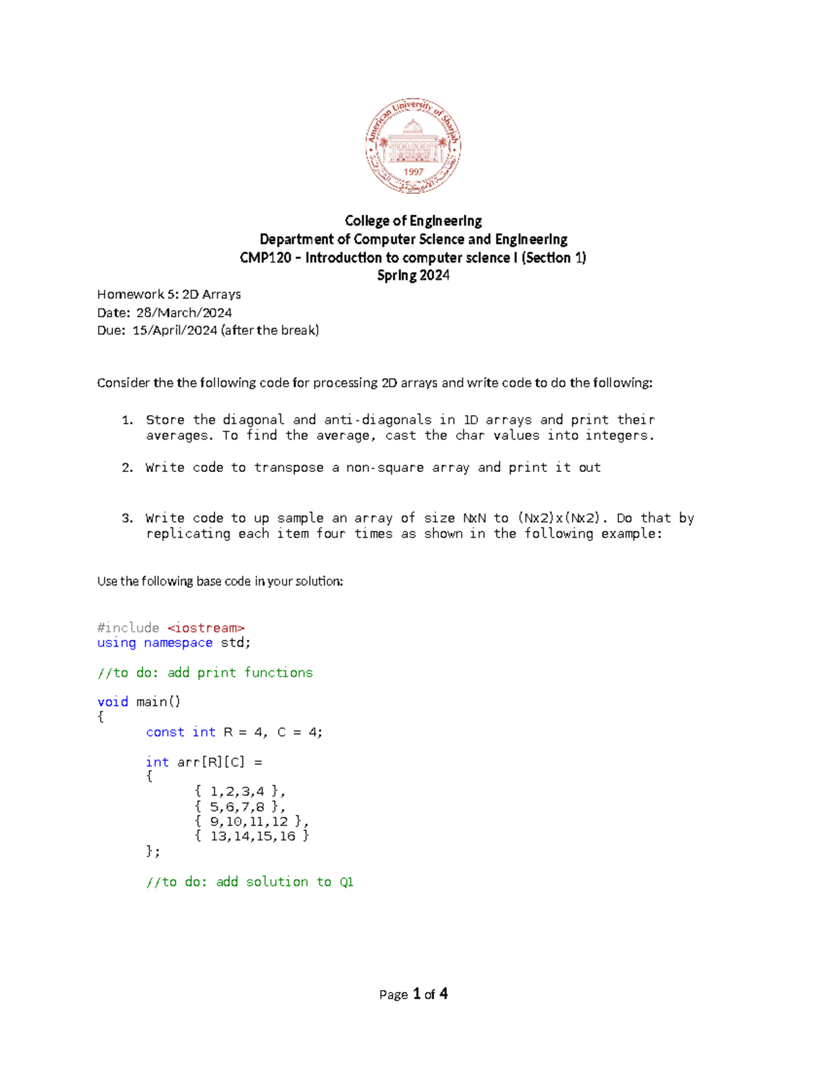 HW5-Arrays - HW 5 - College of Engineering Department of Computer Science and Engineering CMP120 ...