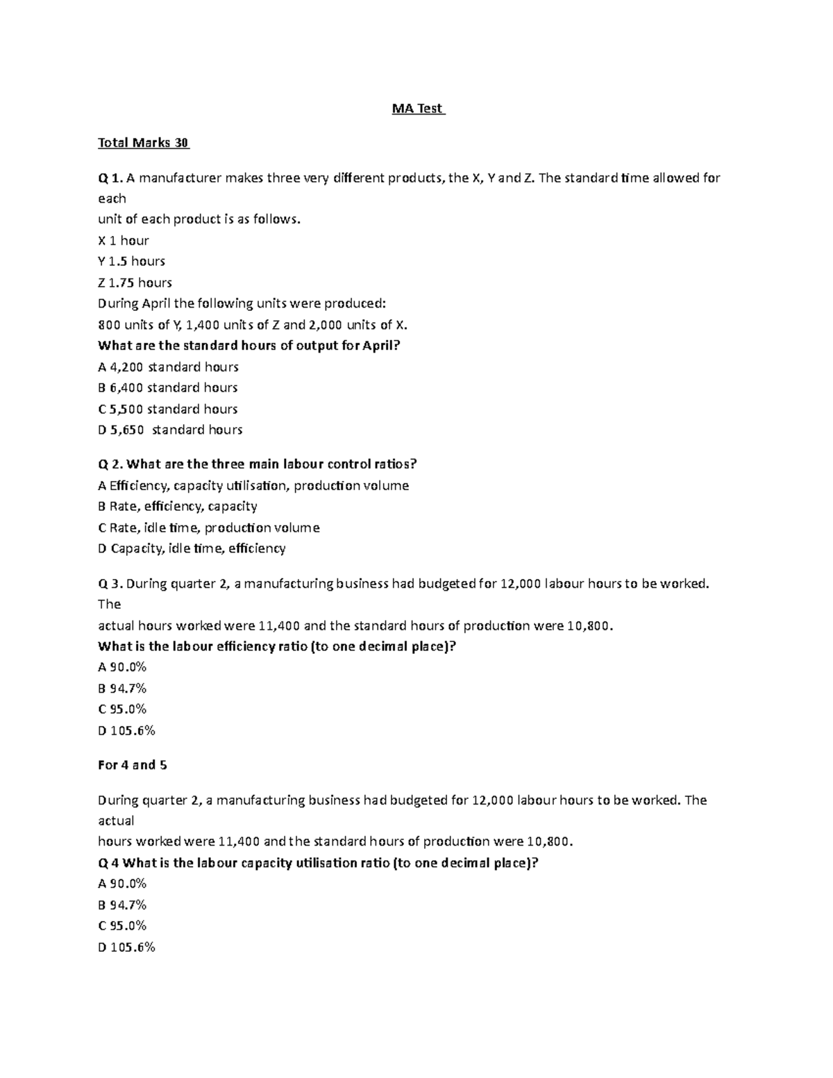 MA Test Chapter 1 and 10 - MA Test Total Marks 30 Q 1. A manufacturer ...