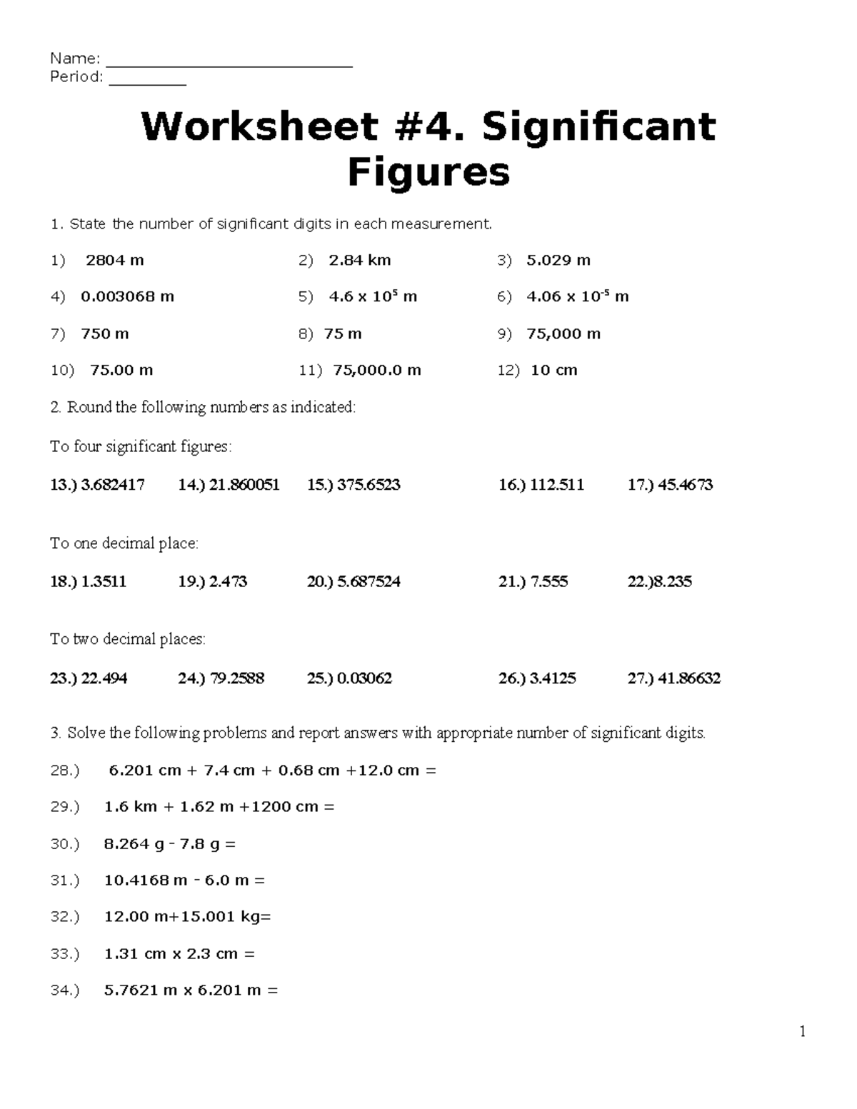 Significant Figures - Name: ________________________________ Period ...