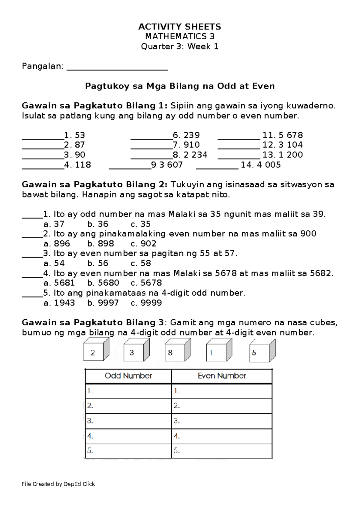 Mathematics 3 Activity Sheet Q3 W1 - ACTIVITY SHEETS MATHEMATICS 3 ...