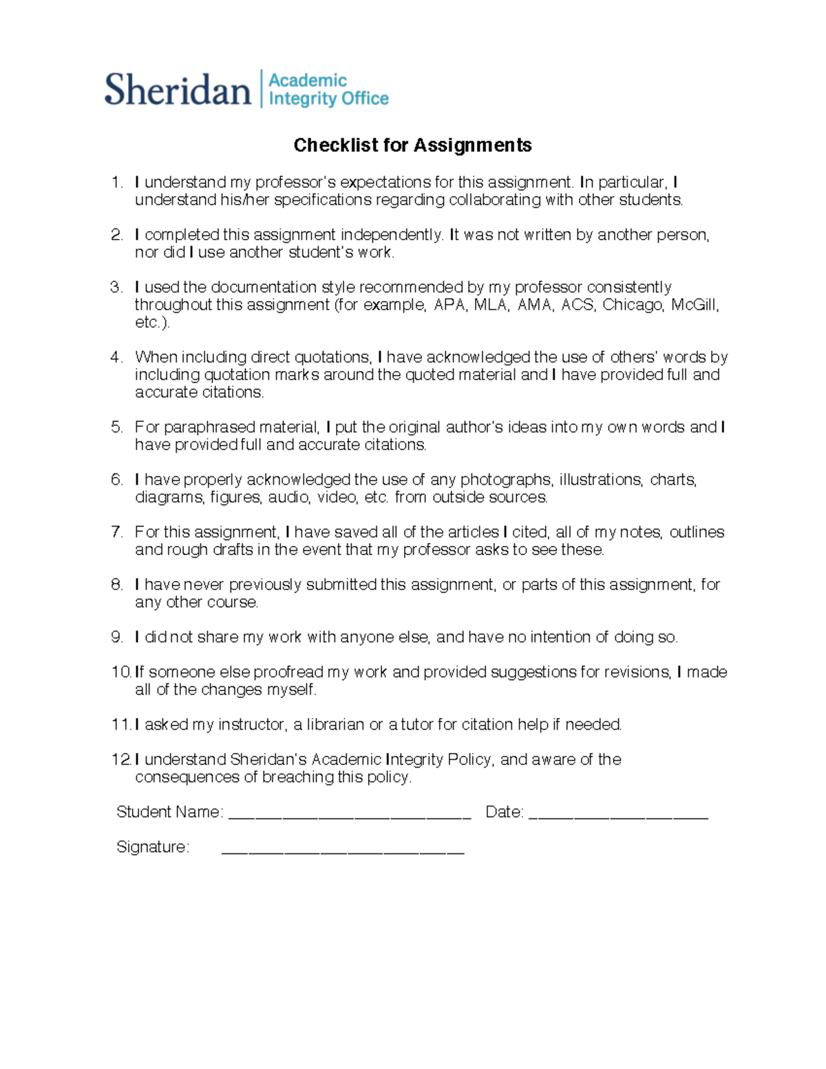 APA Contract Checklist for Assignments - Checklist for Assignments I ...