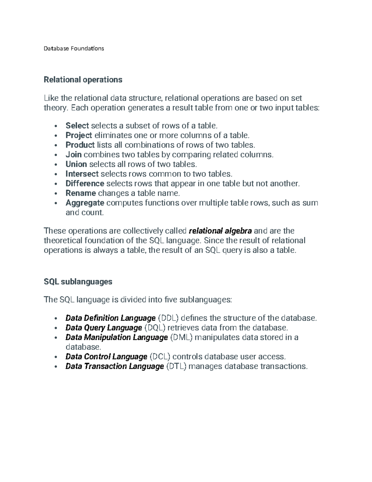 Database Foundations Study Guide - Database Foundations Relational operations Like the ...