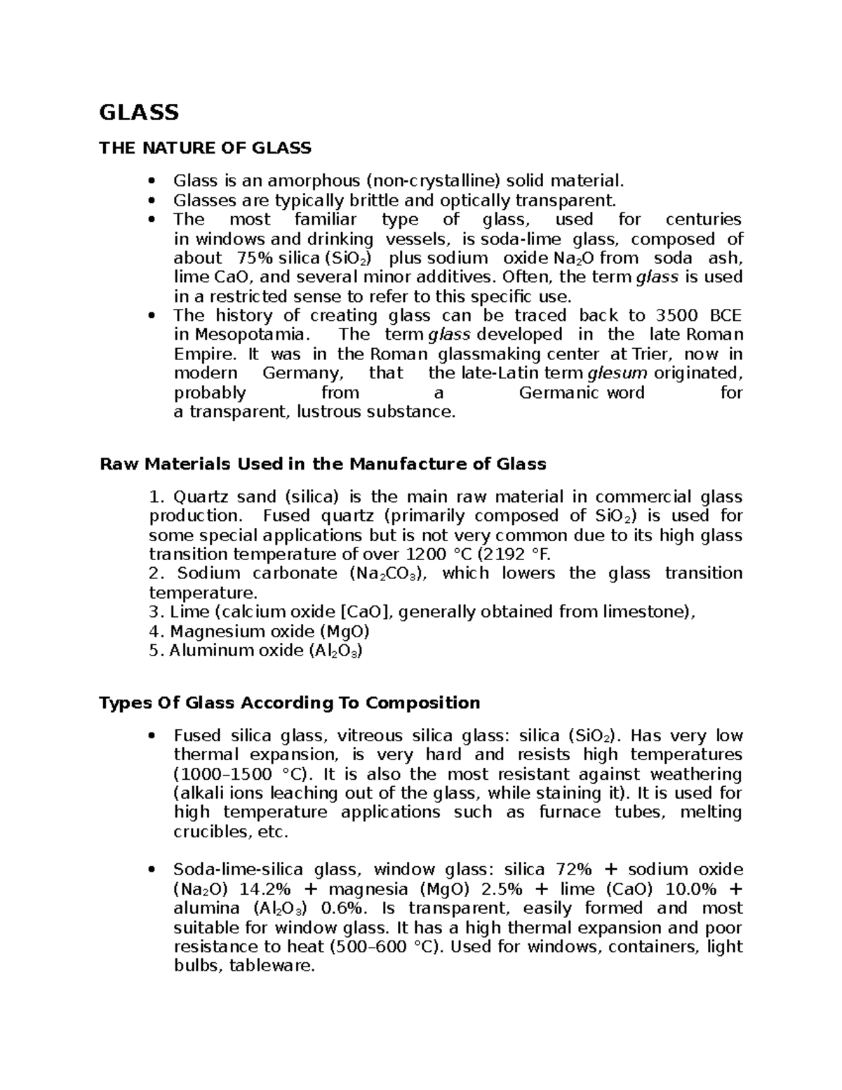 CHEM 7 - CHEM 7 NOTES - GLASS THE NATURE OF GLASS Glass is an amorphous ...