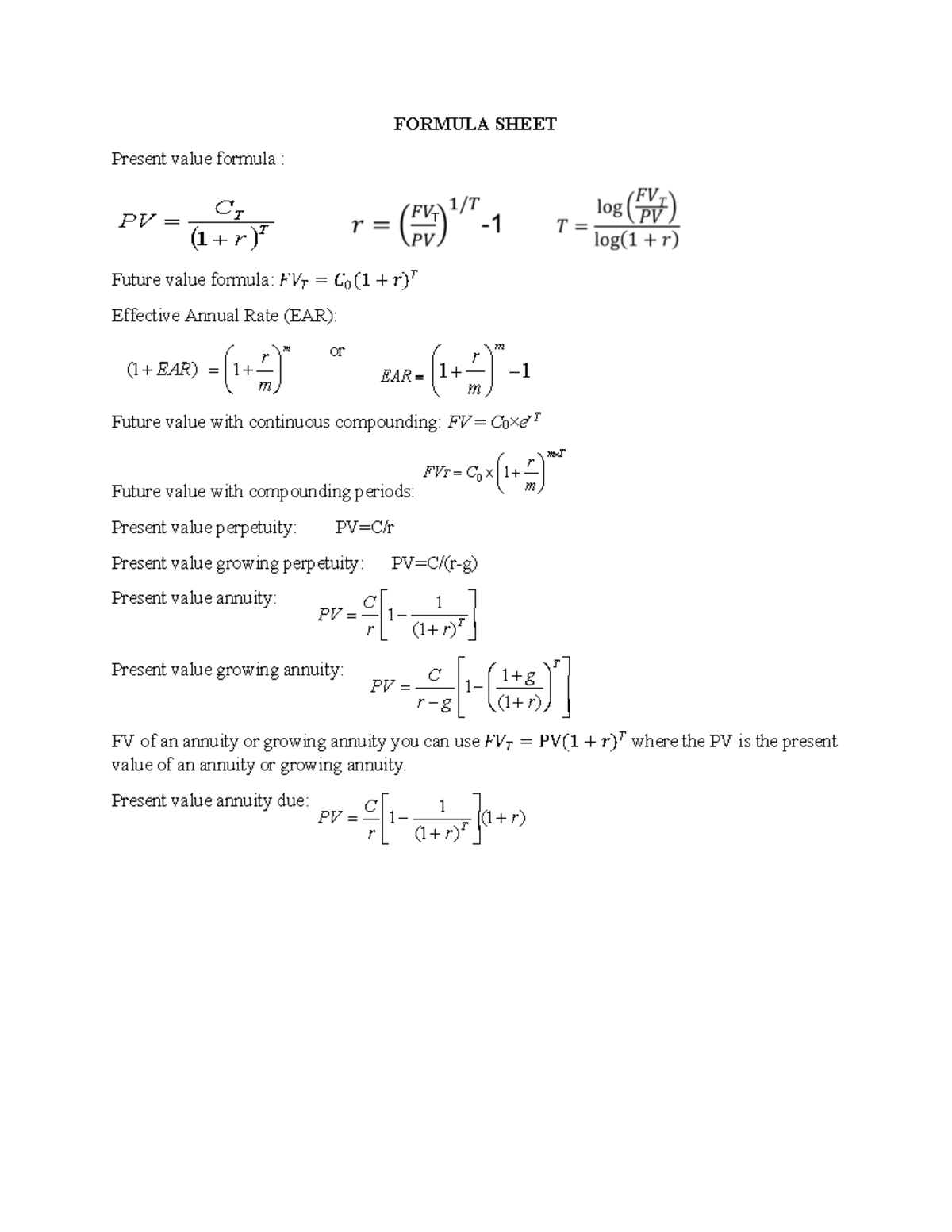 2020 Quiz 1 Formula Sheet - FORMULA SHEET Present value formula ...