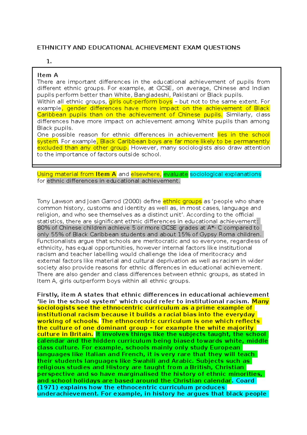 Ethnicity and Educational Achievement Exam Questions - Studocu