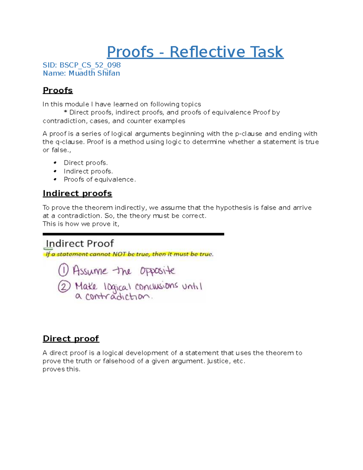 Proofs - Refelective Task (BSCP CS 52 098) - Proofs - Reflective Task SID: BSCP_CS_52_ Name ...