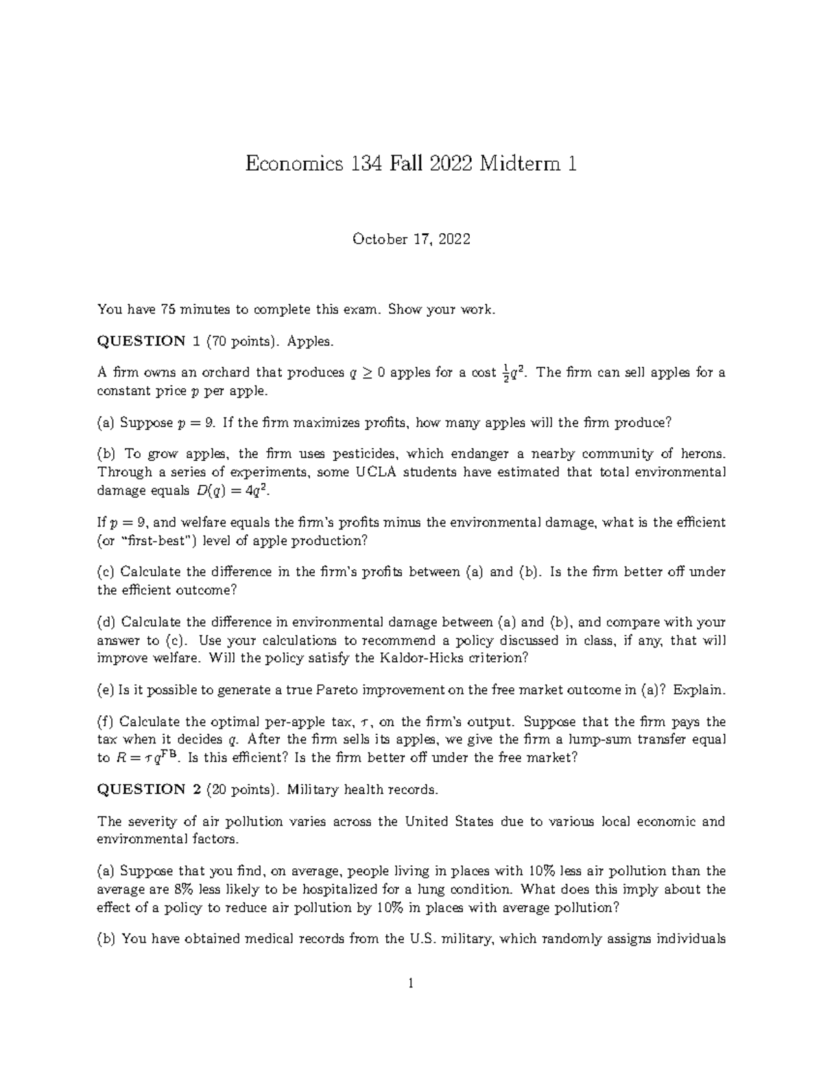 Econ 134 F22 midterm 1 - Practice Exam - Economics 134 Fall 2022 ...