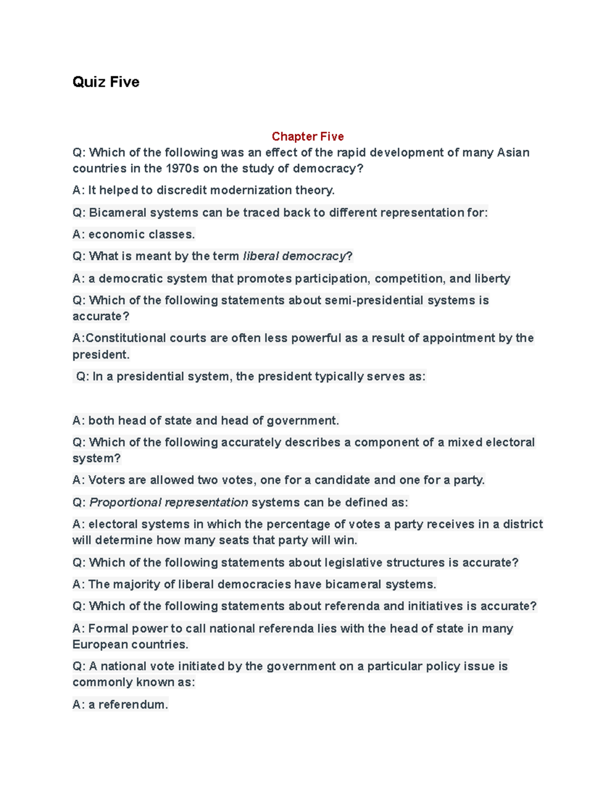 Comparative Politics Quiz Five Study Guide Notes - Quiz Five Chapter ...