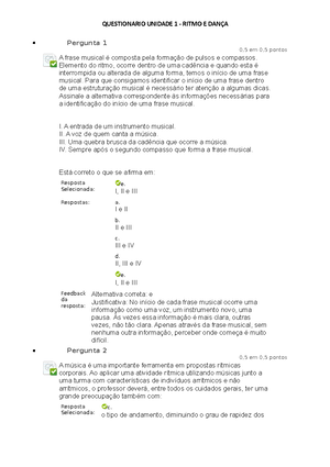 Ritmo E Dança - Resumo com perguntas e respostas da prova - RITMO E ...