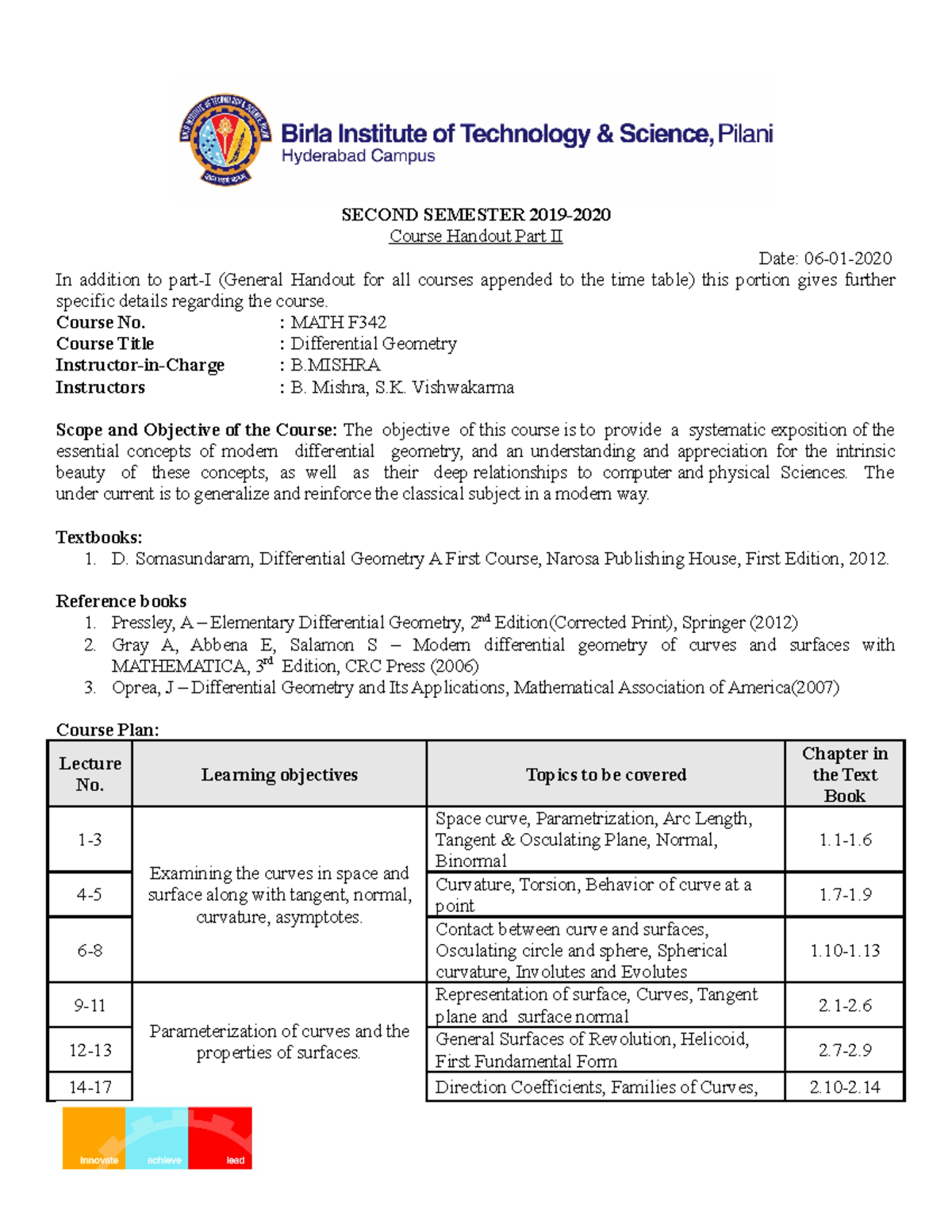 MATH F342 - Course Handout - SECOND SEMESTER 2019- Course Handout Part II Date: 06-01- In ...