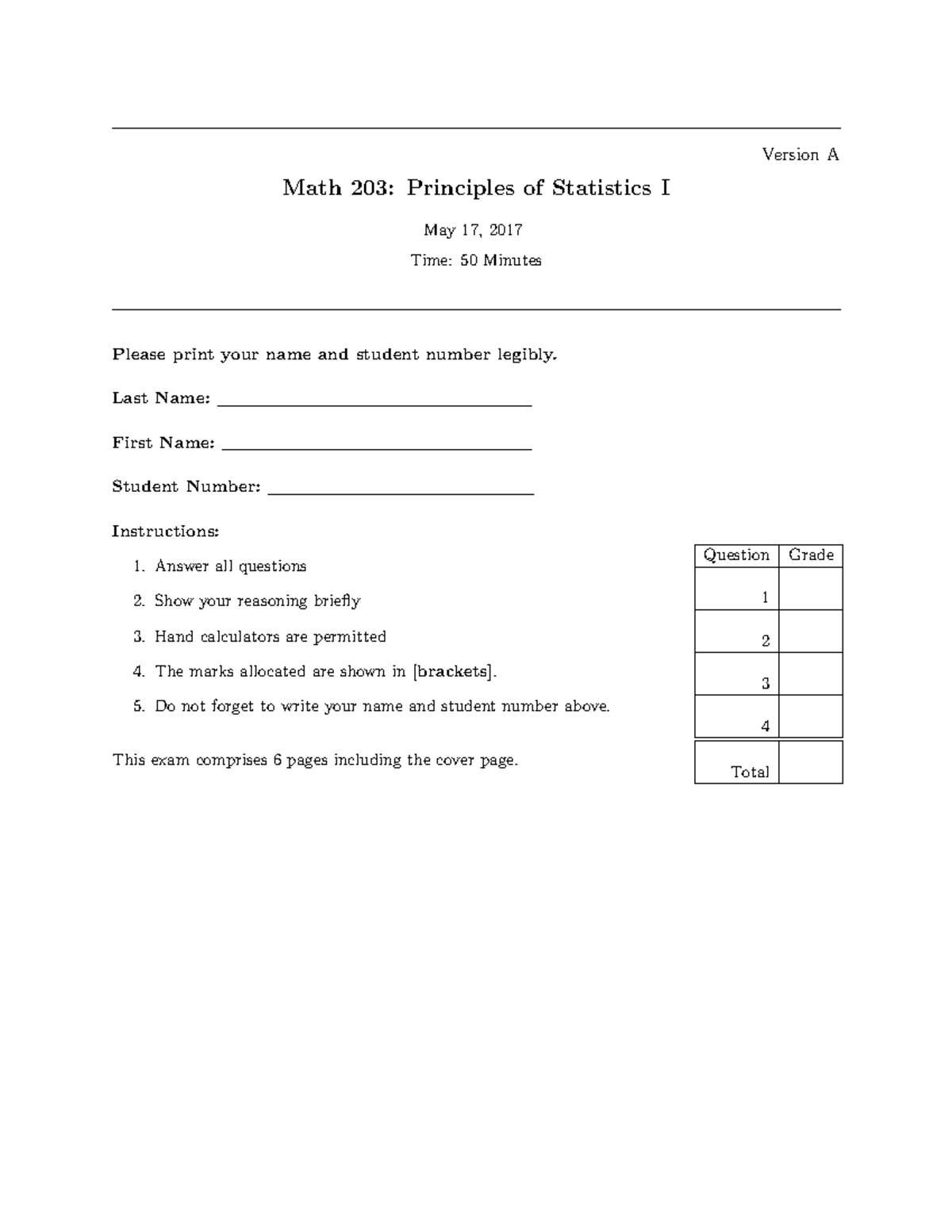 Midterm A, questions and answers - Version A Math 203: Principles of ...