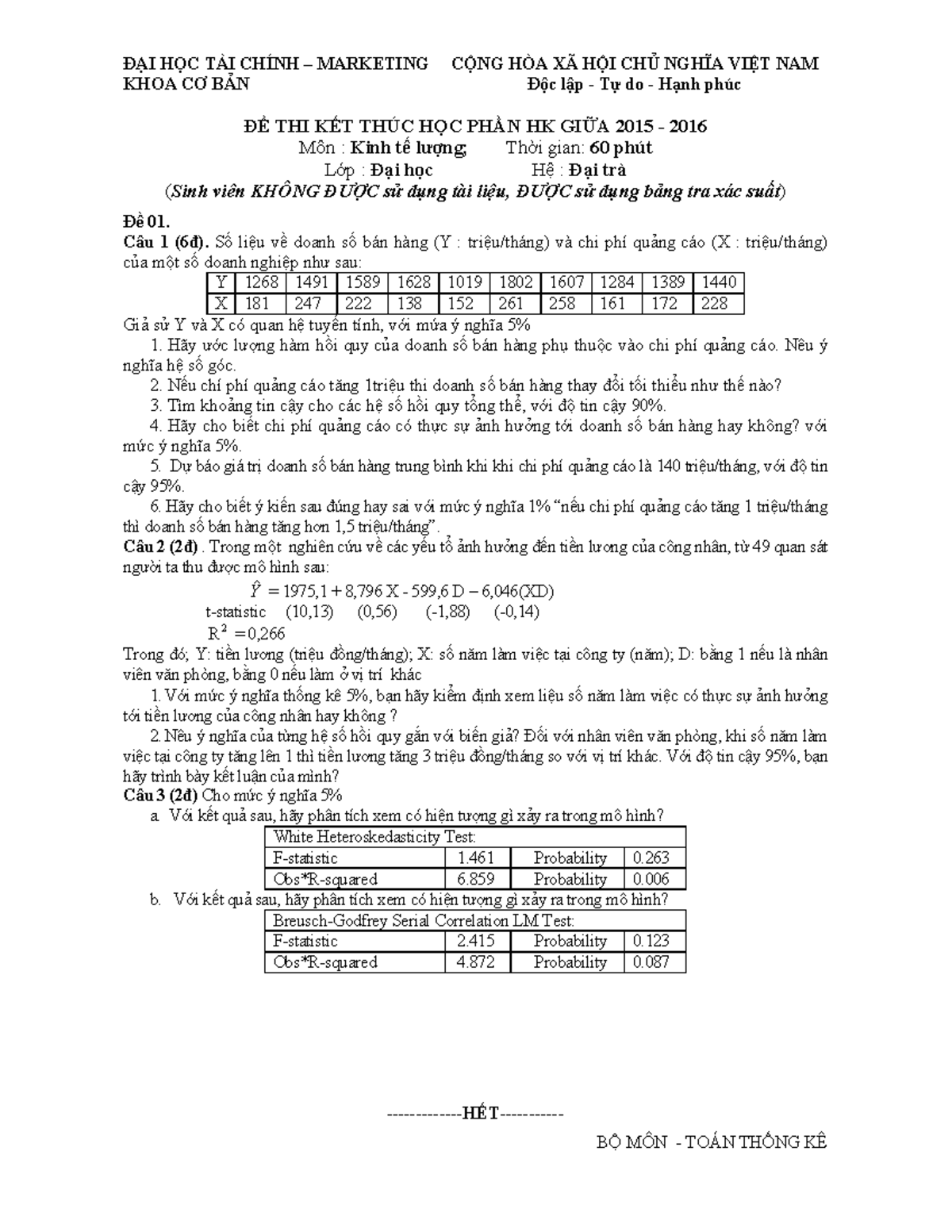 De Thi KTL HK GIUA DT 2015 2016 - KHOA CƠ BẢN Độc lập - Tự do - Hạnh phúc ĐỀ THI KẾT THÚC HỌC ...