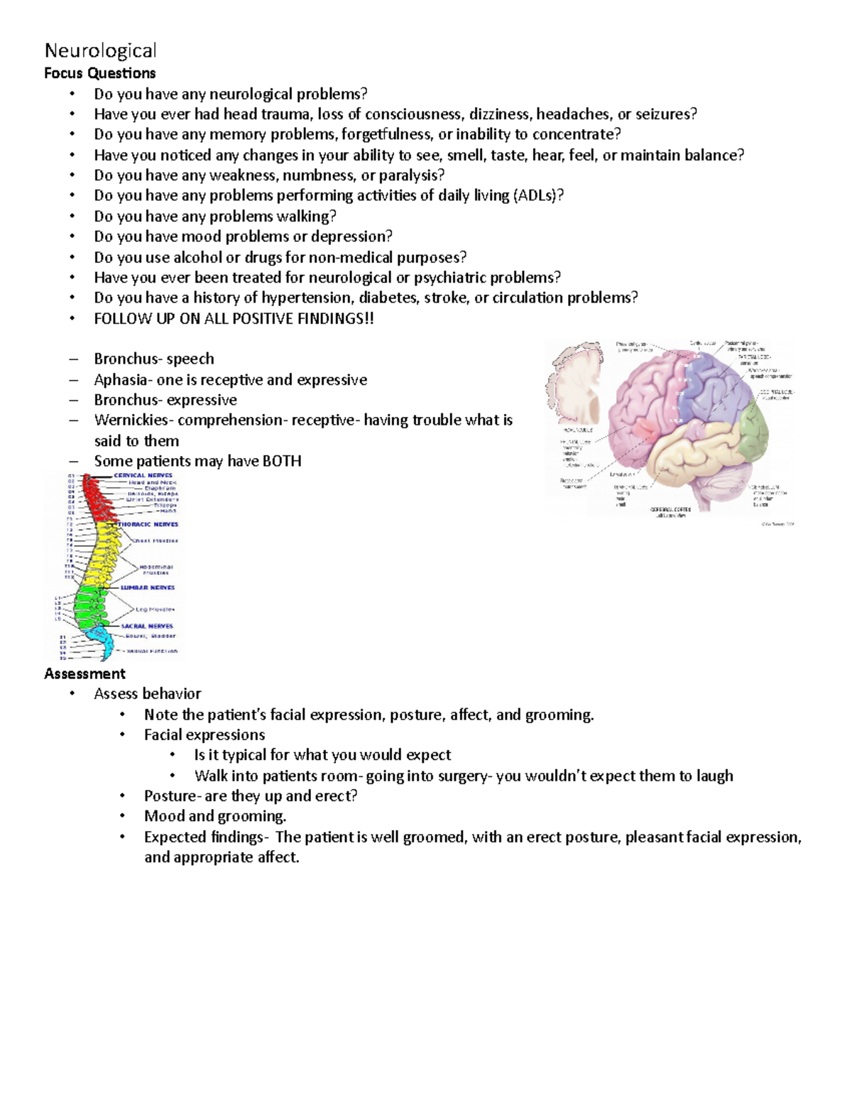 Neurological Finalll - Neurological Focus Questions - Do you have any ...