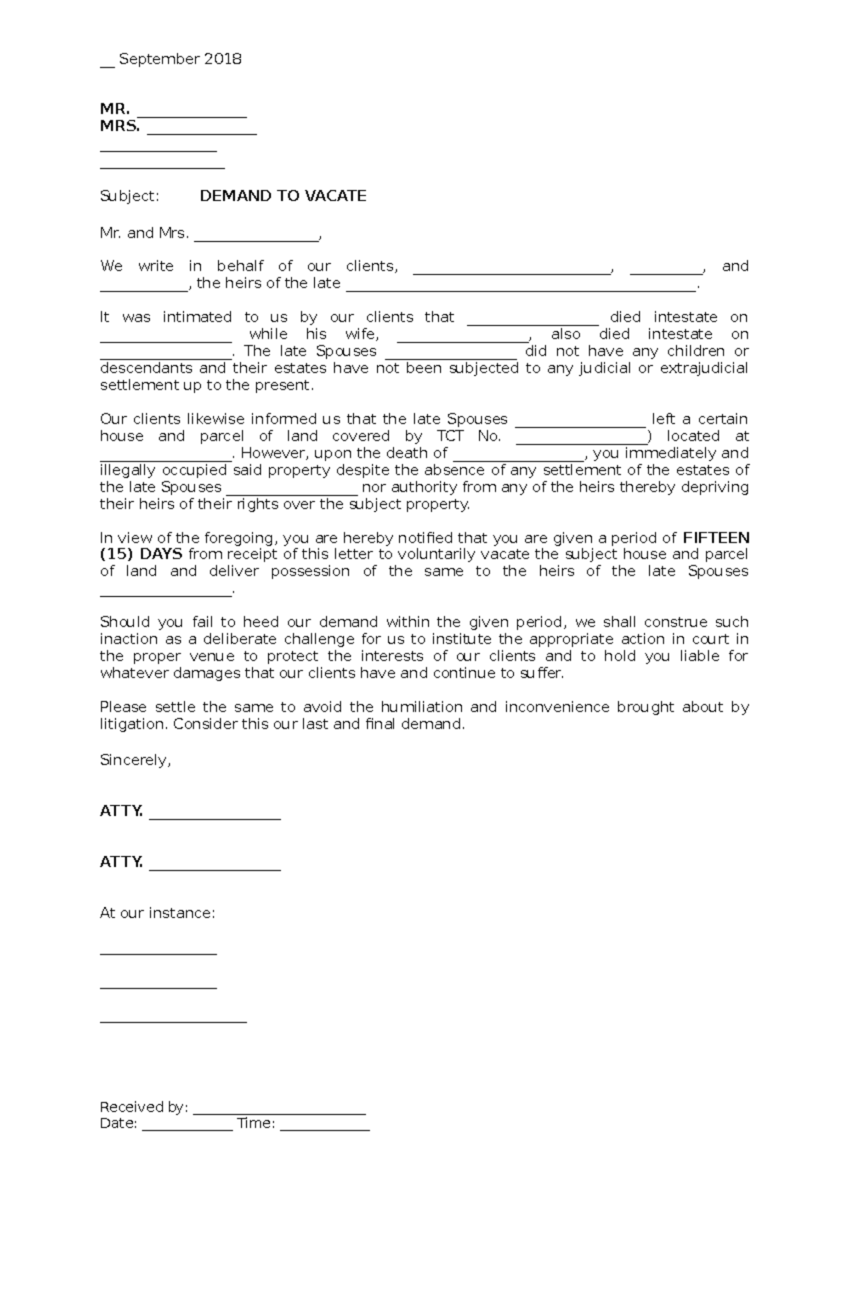 389918563 Demand to Vacate - __ September 2018 MR. _______________ MRS