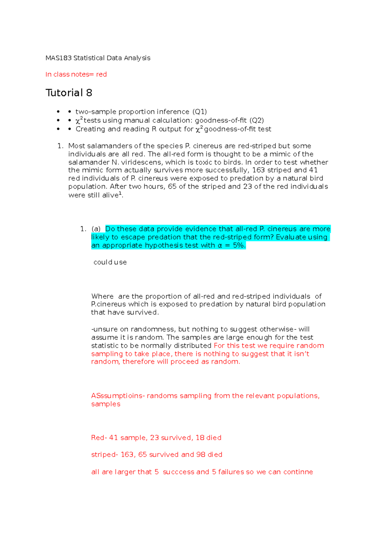 Mas183 Tutorial 8 Mas183 Statistical Data Analysis In Class Notes Red Tutorial 8 Two Sample