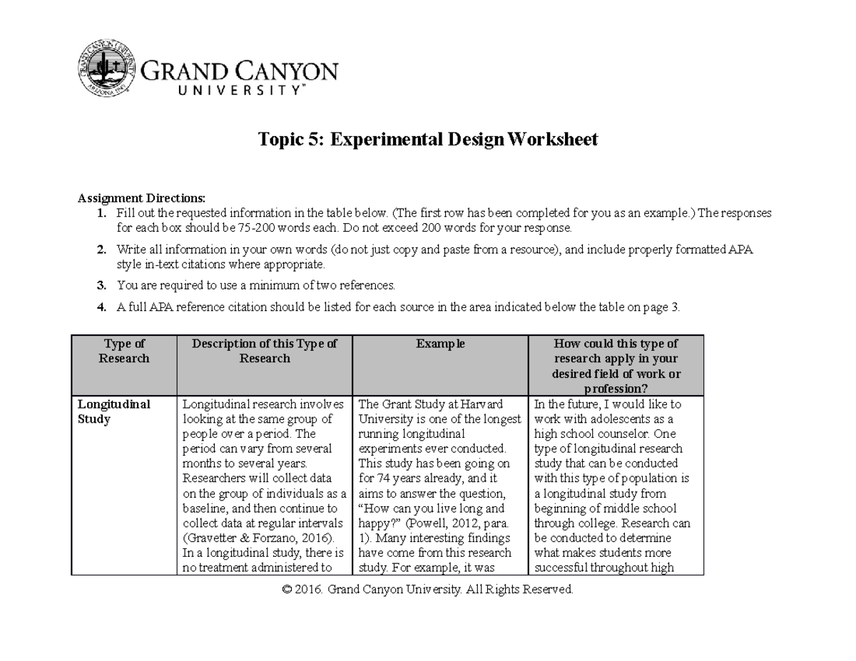 BSHS-350 - assignment - Topic 5: Experimental Design Worksheet Assignment Directions: 1. Fill ...