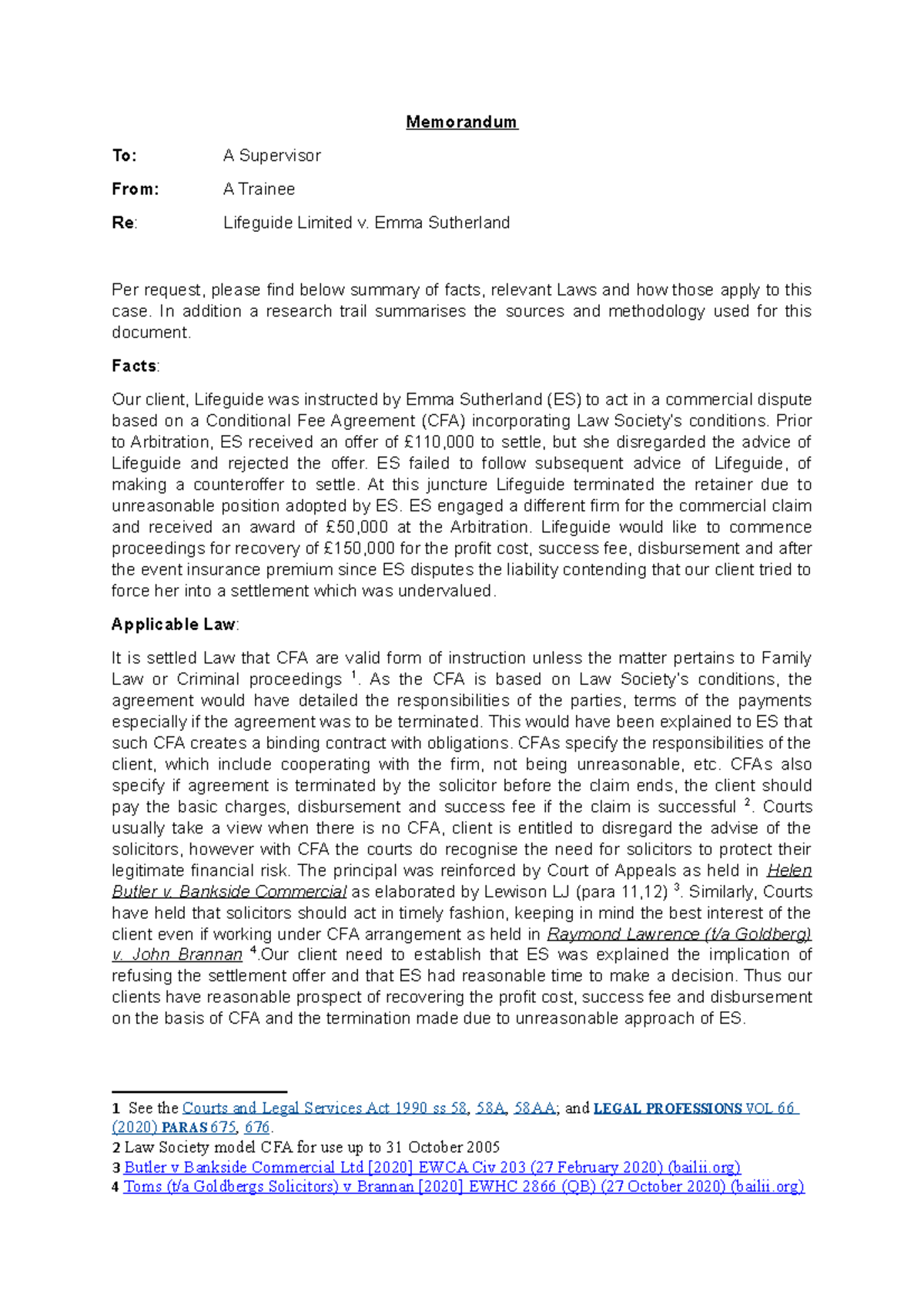 Memorandum LPC - Practical Legal research - Memorandum To: A Supervisor ...
