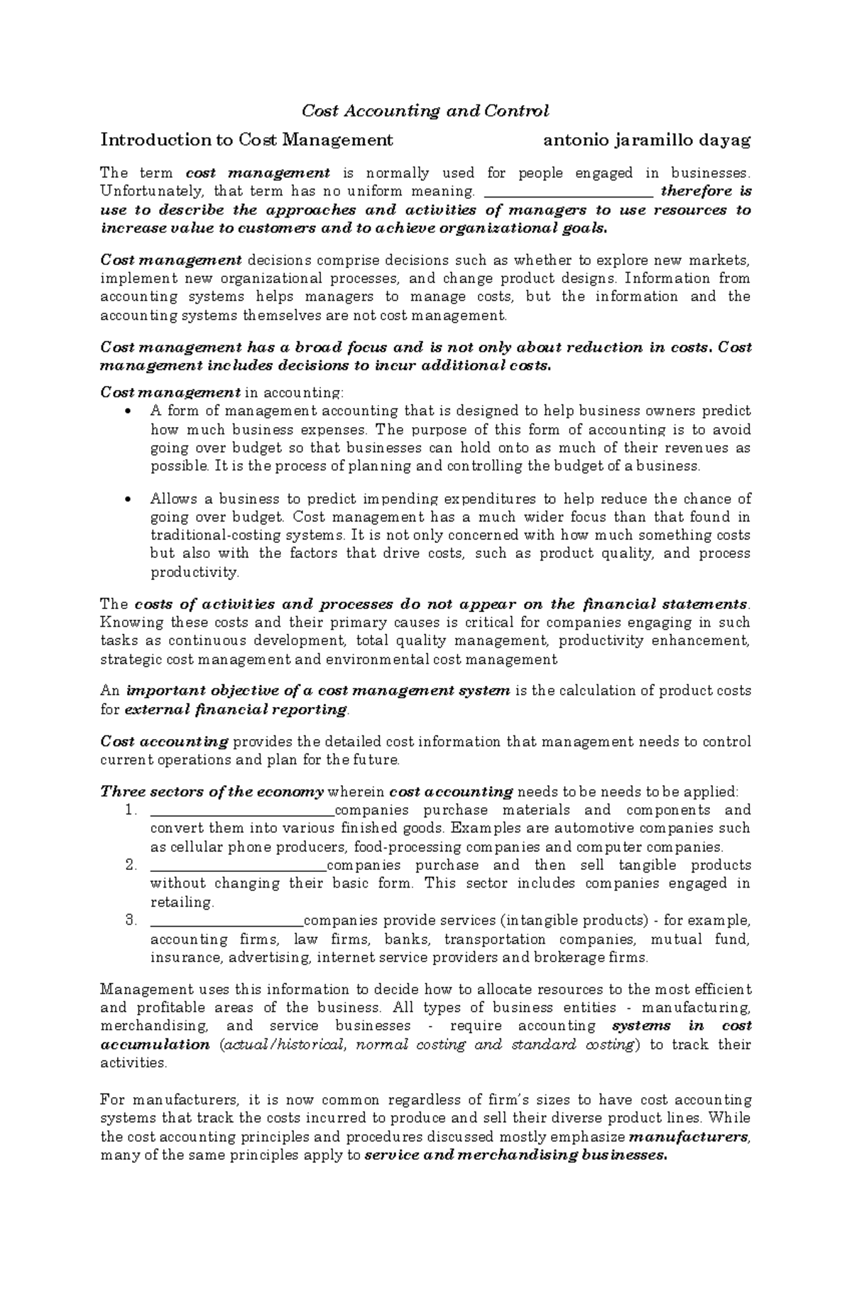COST QUIZ 1 - Lecture - Cost Accounting and Control Introduction to ...