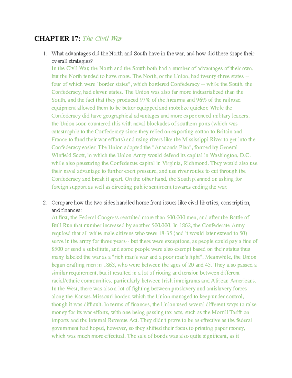 Chapter 17 HW Questions - CHAPTER 17: The Civil War What advantages did ...