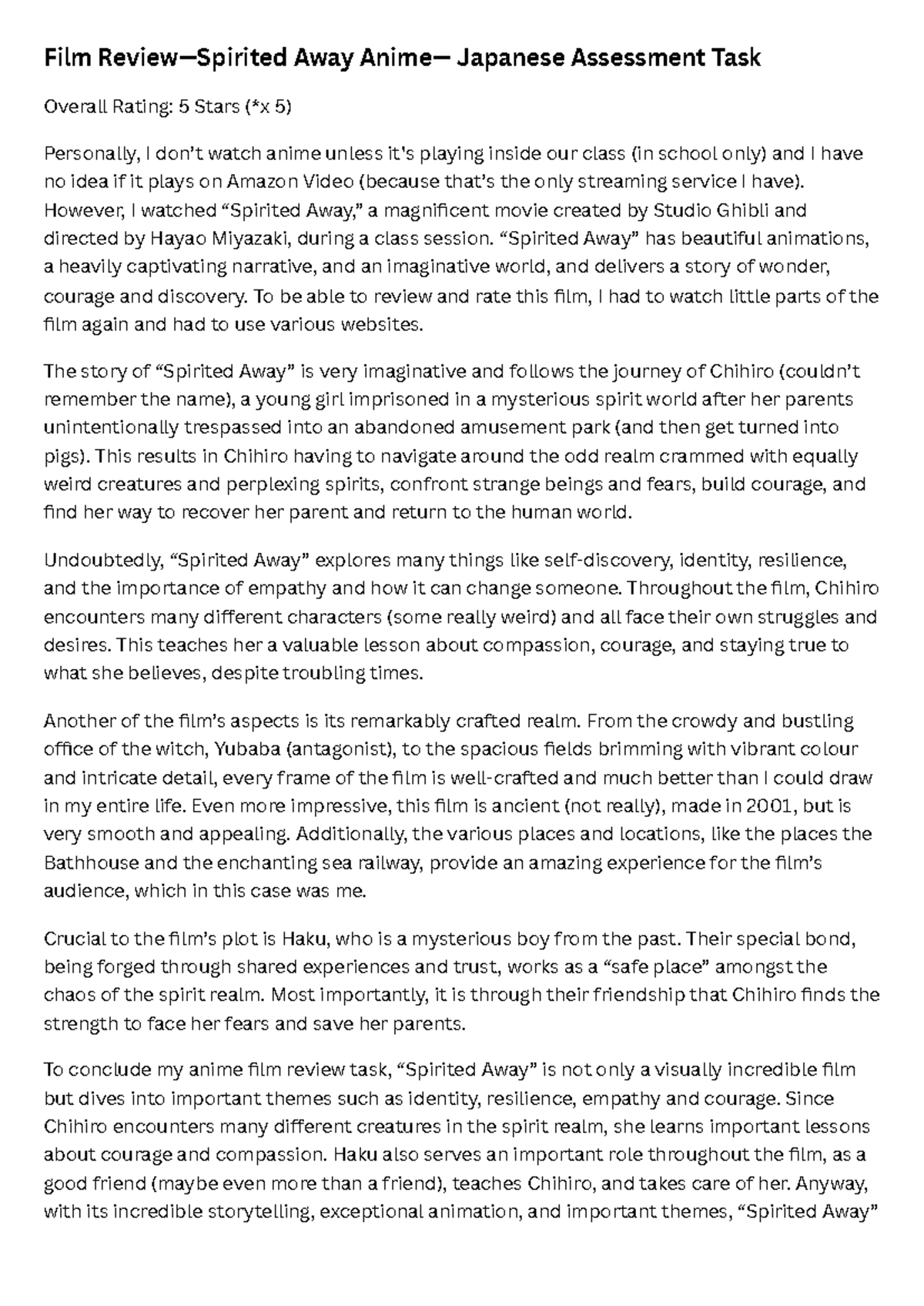 Film Review—Spirited Away Anime— Japanese Assessment Task - Film Review ...