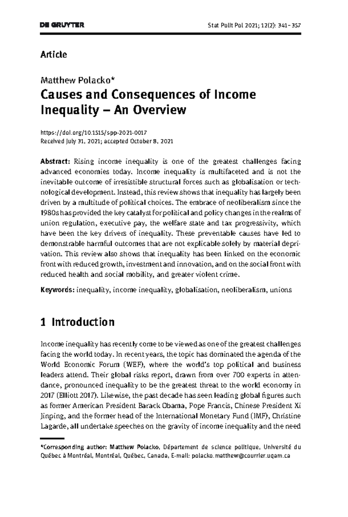 Causes and consequences of income inequality - Article Matthew Polacko ...