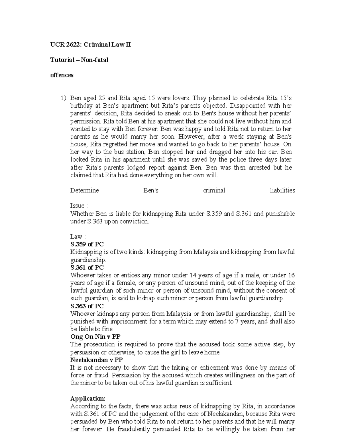 Criminal 2 TUTO 1 - UCR 2622: Criminal Law II Tutorial – Non-fatal ...