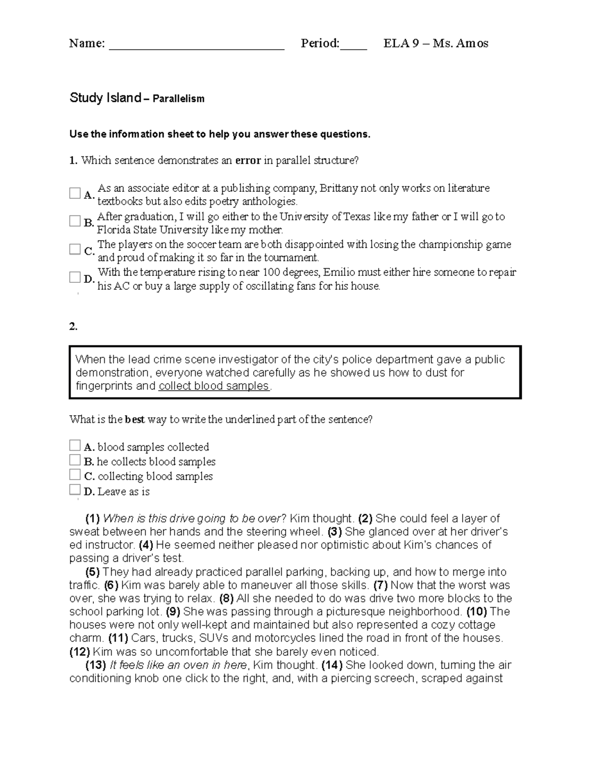 ELA 9 Parallelism Worksheet - Study Island – Parallelism Use the ...