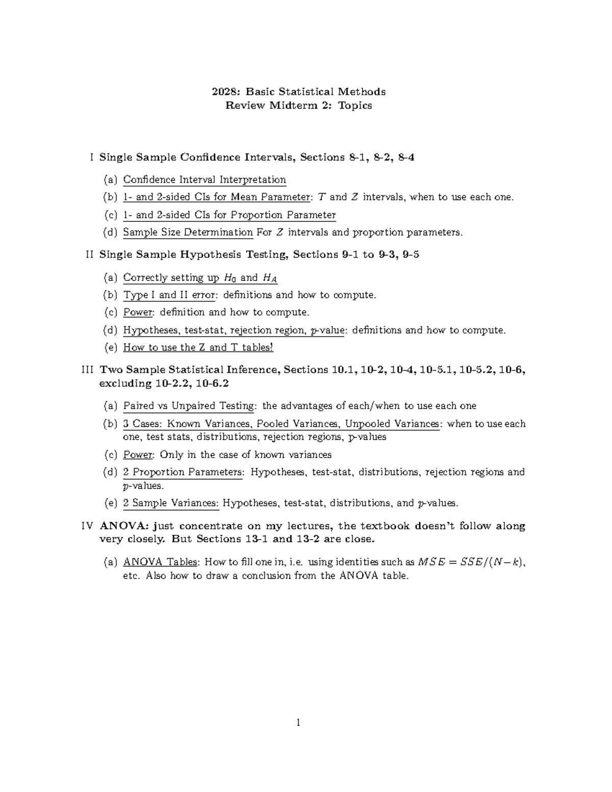 Review - Midterm 2 - 2028: Basic Statistical Methods Review Midterm 2: Topics ISingle Sample ...