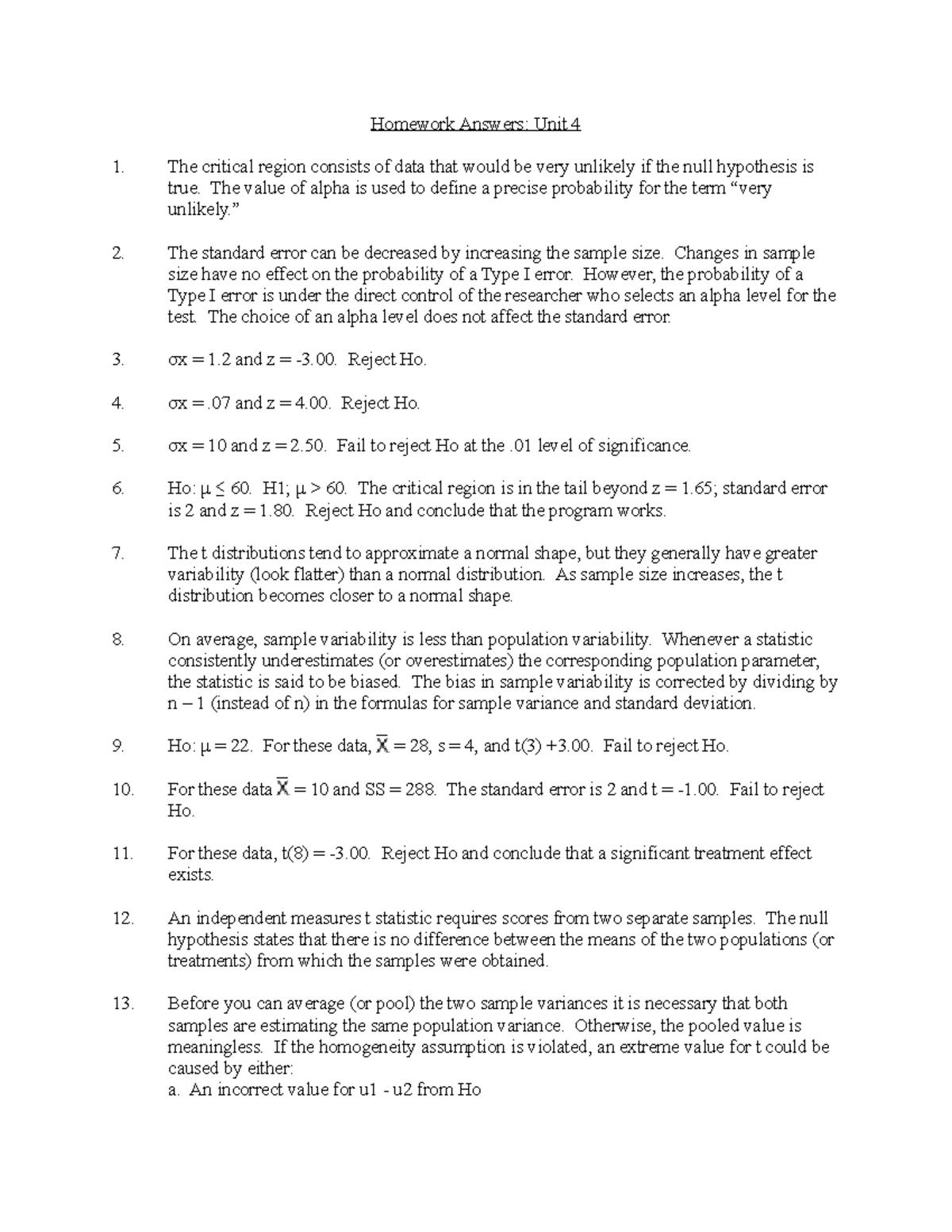 Unit 4 homework answers - Homework Answers: Unit 4 The critical region ...
