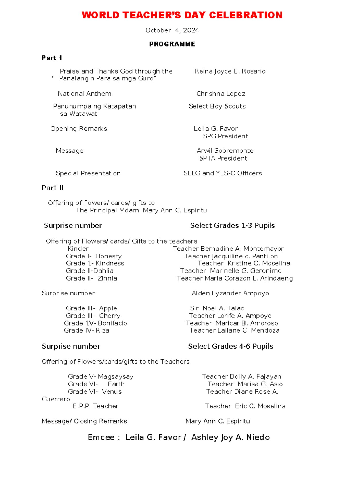 Teacher day program 2024 - WORLD TEACHER’S DAY CELEBRATION October 4, 2024 PROGRAMME Part 1 ...