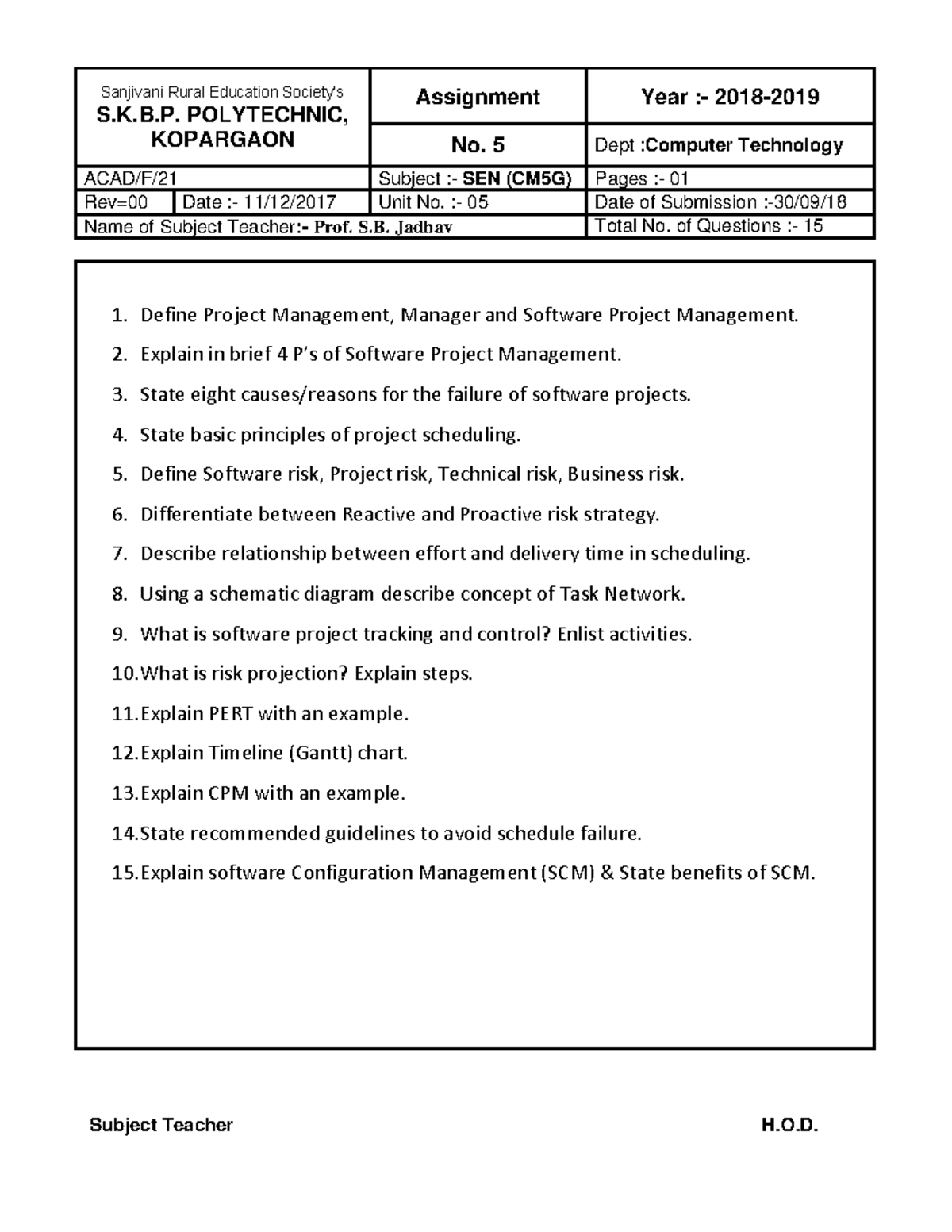 Software Engineering Assignment 5 Sanjivani Rural Education Societys Skb Polytechnic 