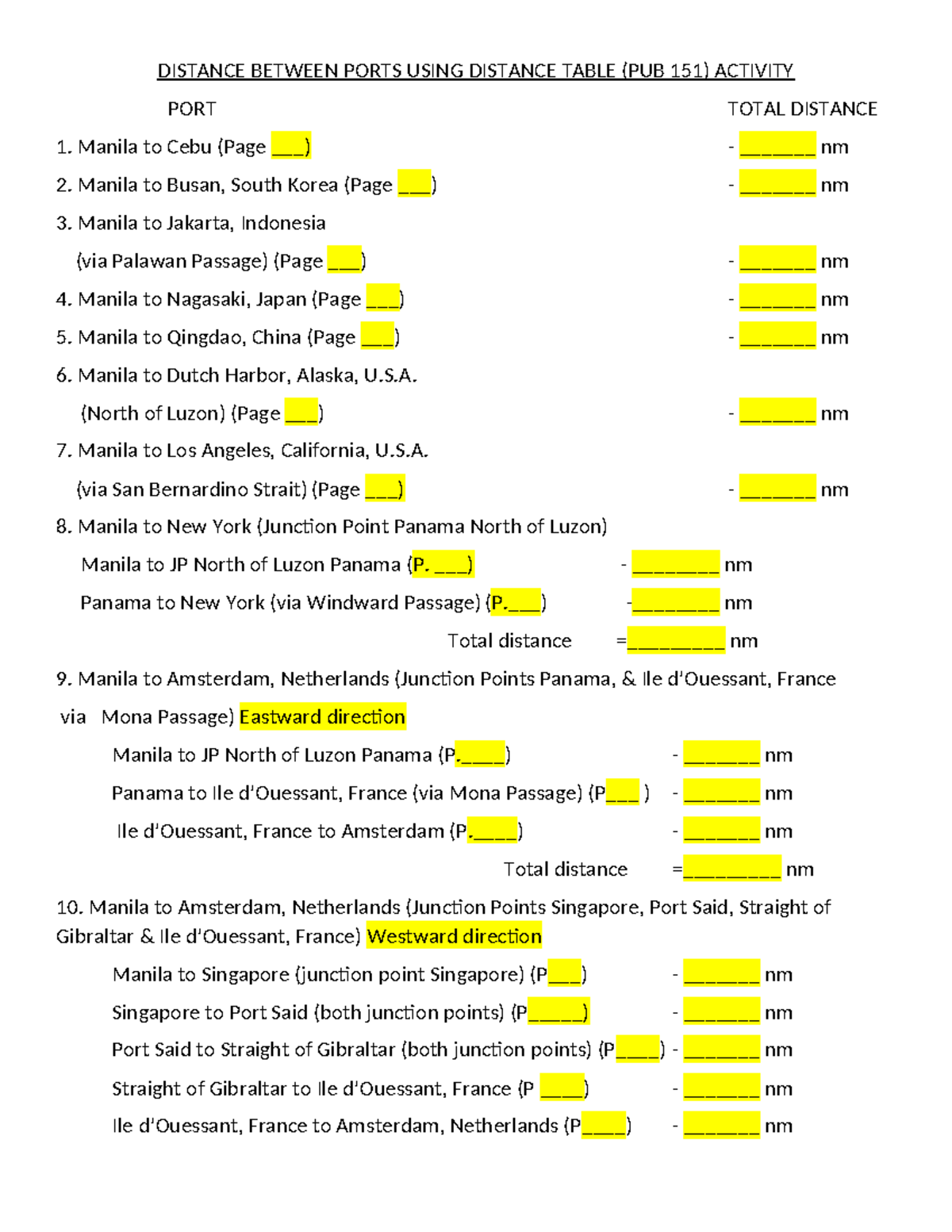 Voyage - DISTANCE BETWEEN PORTS USING DISTANCE TABLE (PUB 151) ACTIVITY ...