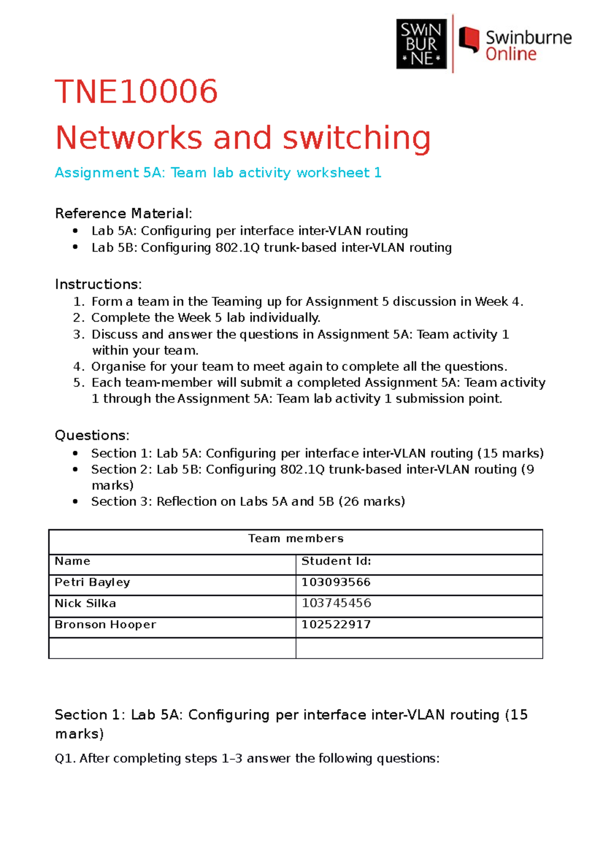Assignment 5A team lab activity worksheet 1 - TNE Networks and ...