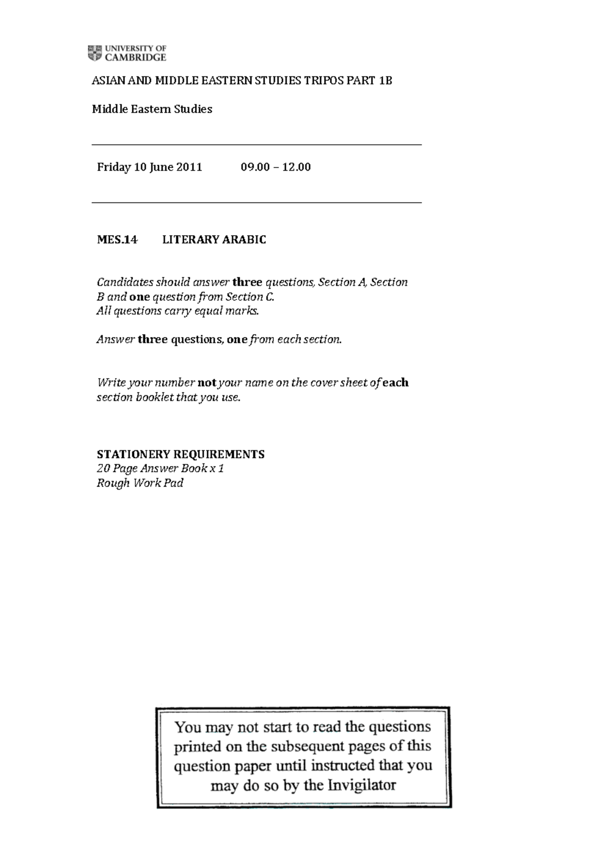 Exam 2011, questions - ASIAN AND MIDDLE EASTERN STUDIES TRIPOS PART 1B ...